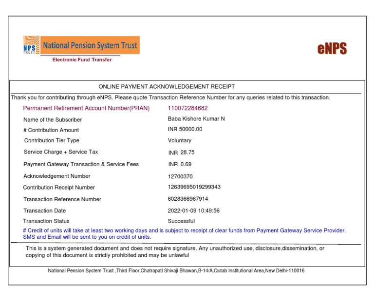 Permanent Retirement Account Number (PRAN) : Baba Kishore Kumar N INR ...