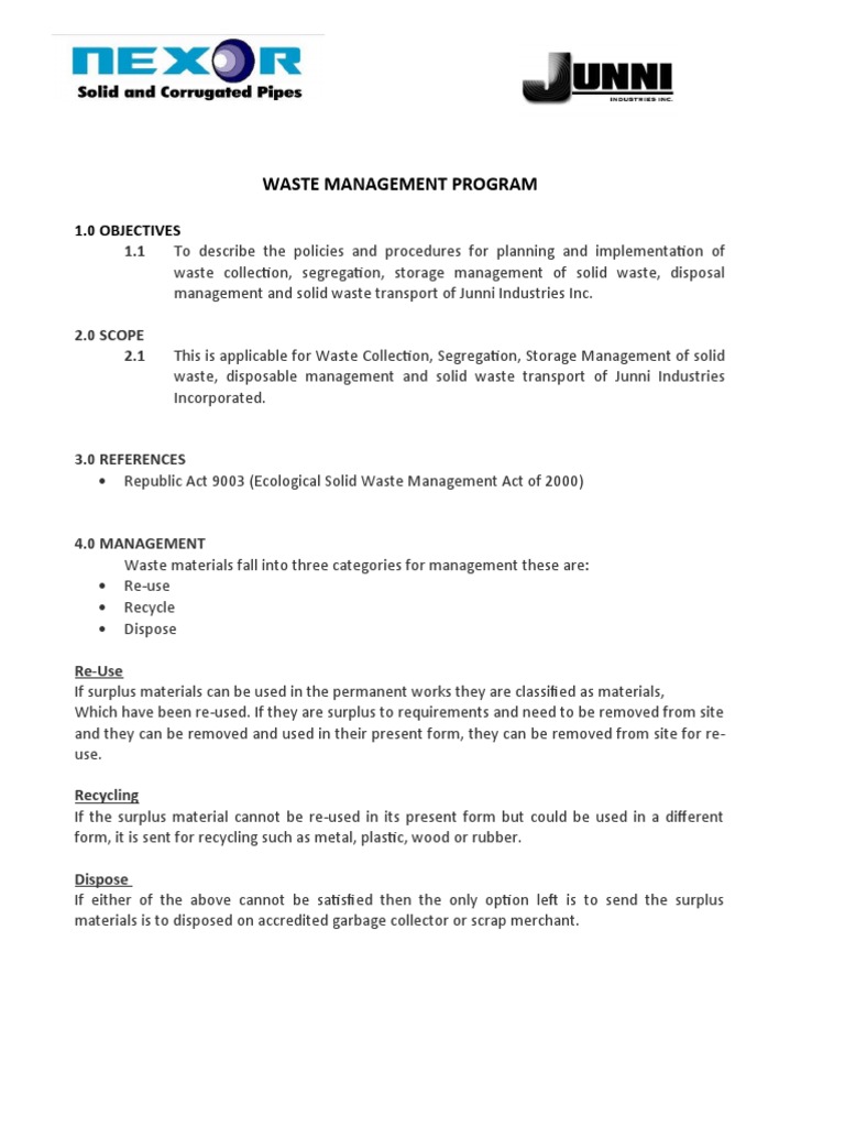 Waste Management Program: 1.0 Objectives | PDF | Waste Management ...