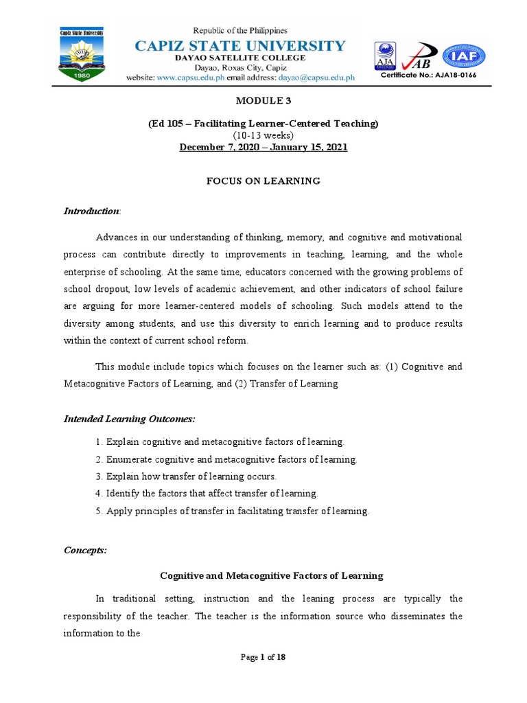 (Ed 105 - Facilitating Learner-Centered Teaching) December 7, 2020 - January 15, 2021 Focus On ...