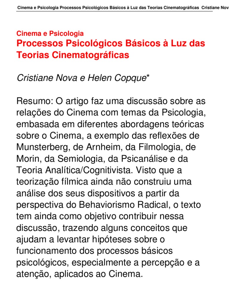 Cinema e Psicologia Processos Psicologicos Basicos a Luz Das Teorias ...
