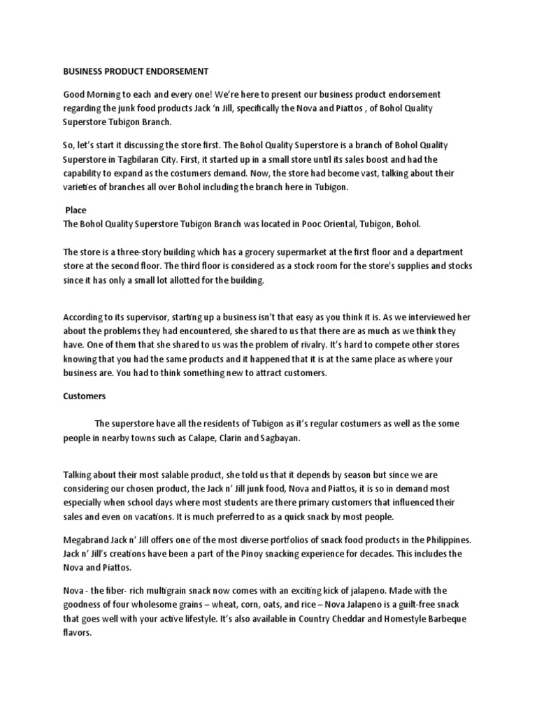 Business Product Endorsement (Script) | PDF | Food And Drink | Foods