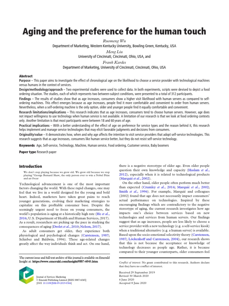 Aging and The Preference For The Human Touch | PDF | Perception ...