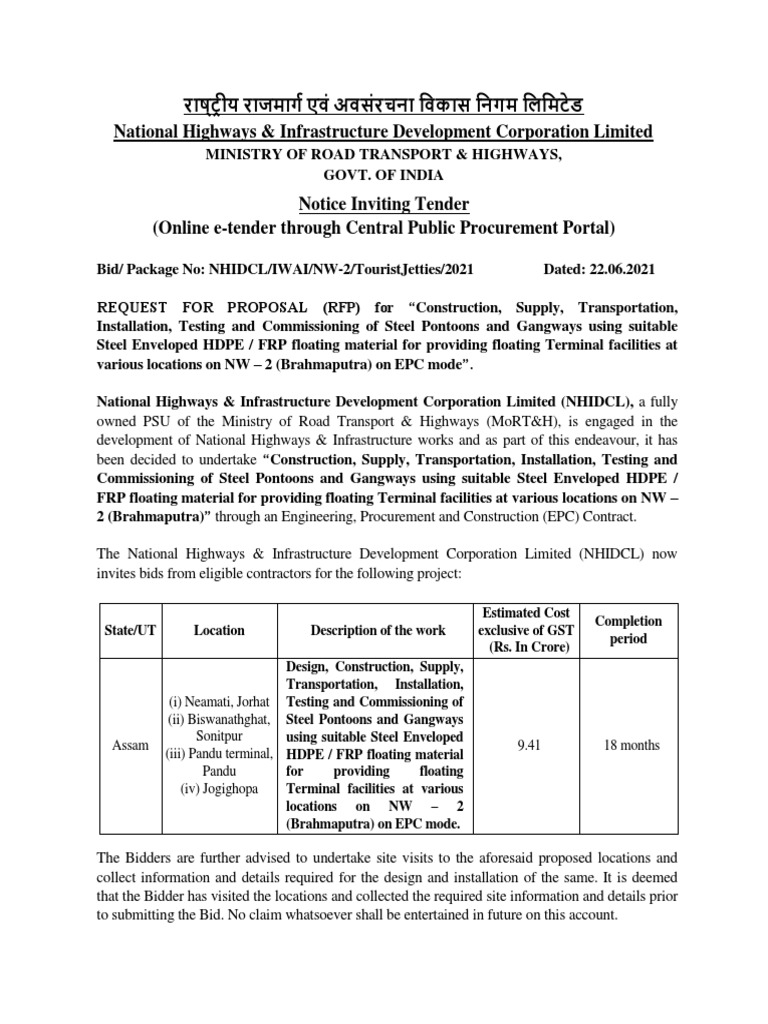 NIT - Steel Pontoons | PDF | Request For Proposal