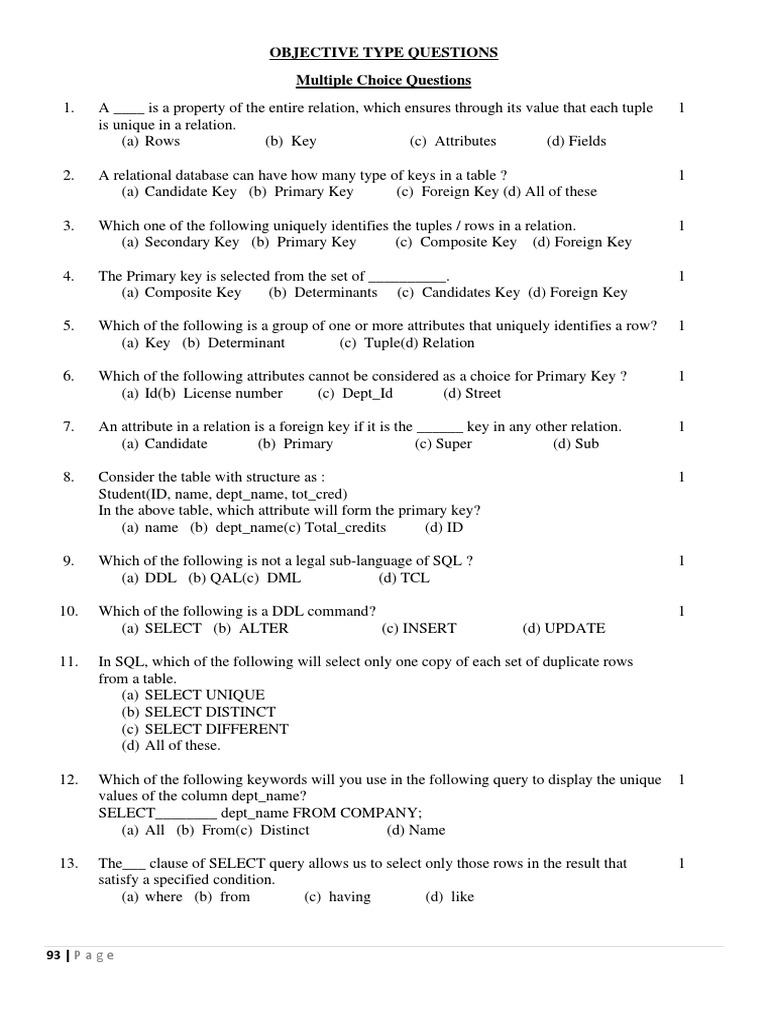 Objective Type Questions Multiple Choice Questions | PDF | Table ...