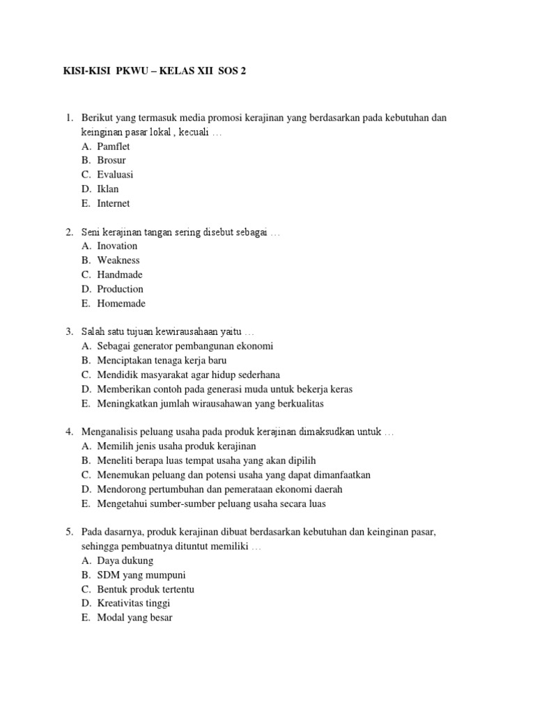 Kisi Pkwu Kelas Xii Sos 2 | PDF