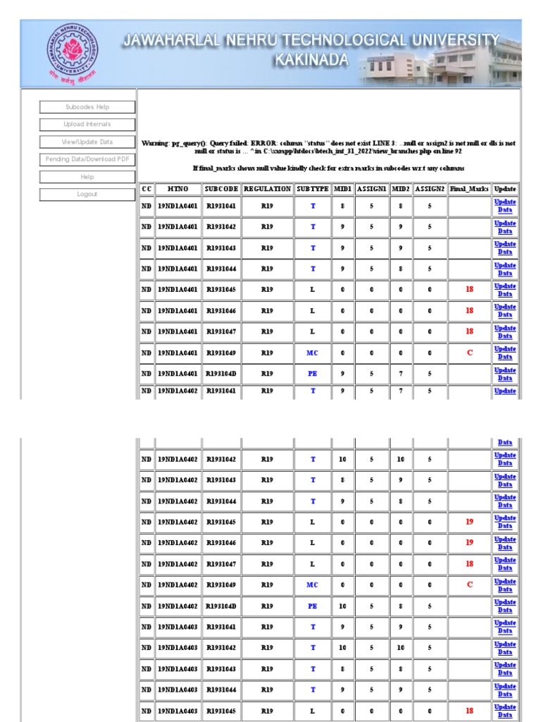 Subcodes Help Upload Internals View/Update Data Pending Data/Download ...