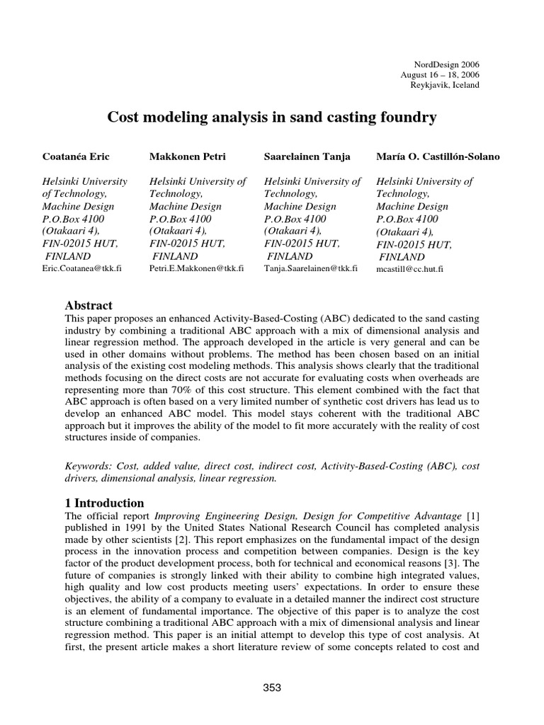 Cost Modeling Analysis in Sand Casting Foundry: Coatanéa Eric Makkonen Petri Saarelainen Tanja ...