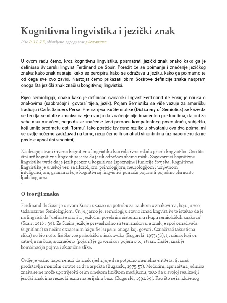 Kognitivna Lingvistika I Jezički Znak | PDF