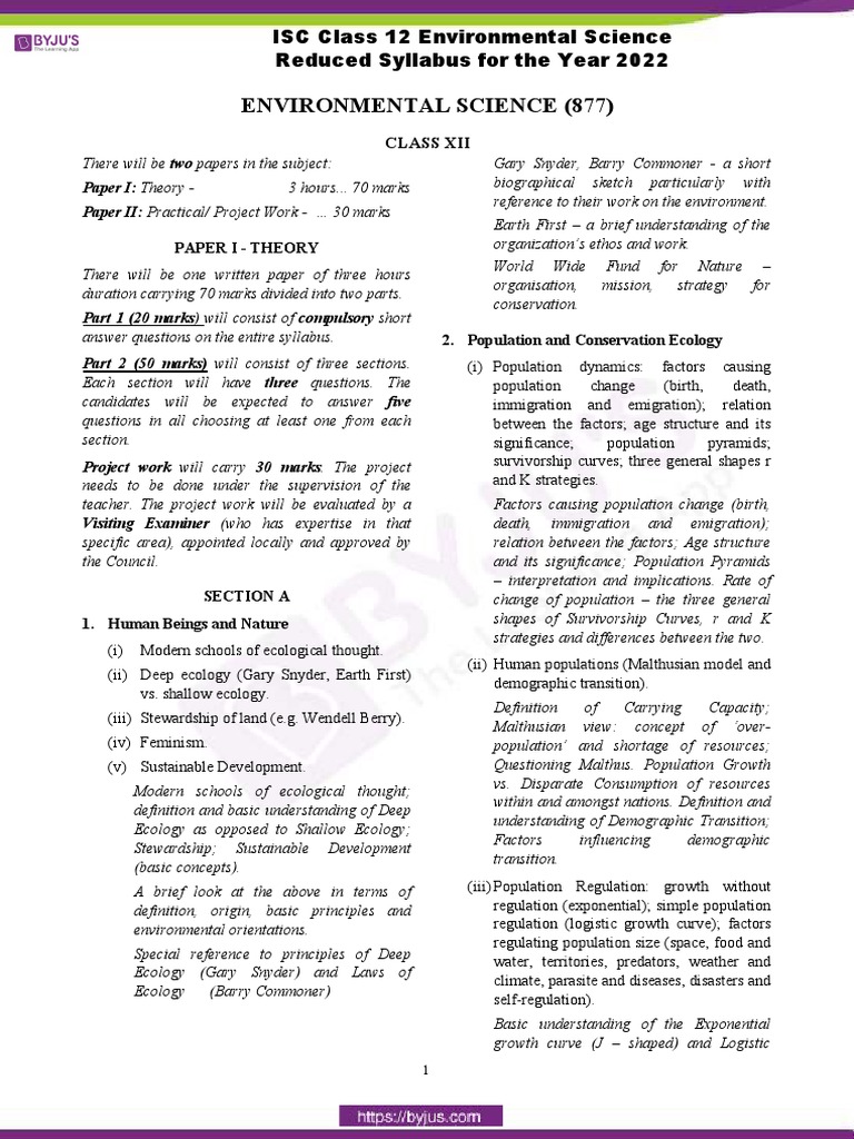 Reduced ISC Class 12 Environmental Science Syllabus For Examination ... Reduced ISC Class 12 Environmental Science Syllabus For Examination ...