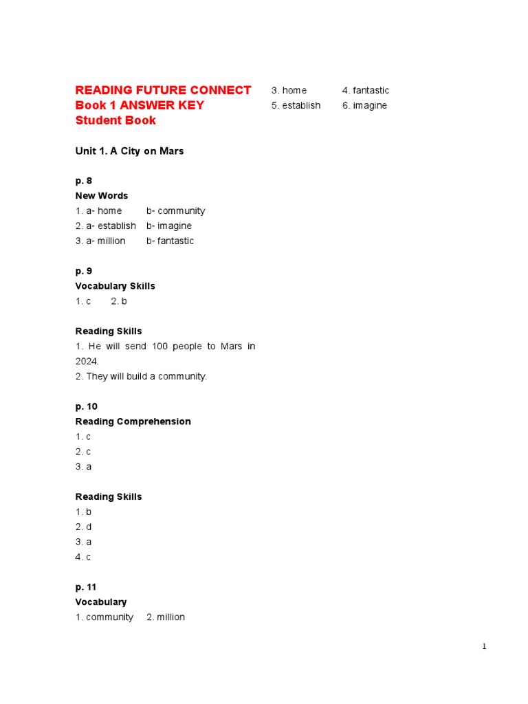 Reading Future Connect 1 Answer Key | PDF | Camel | Reading Comprehension
