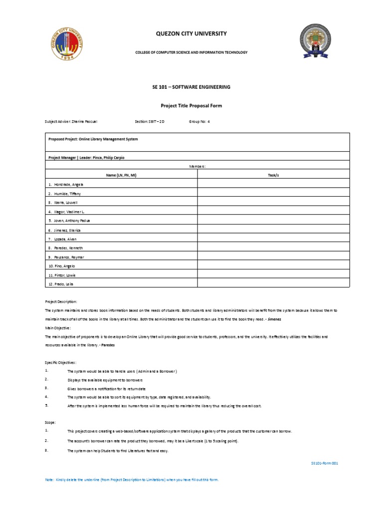 Quezon City University: Se 101 - Software Engineering Project Title ...