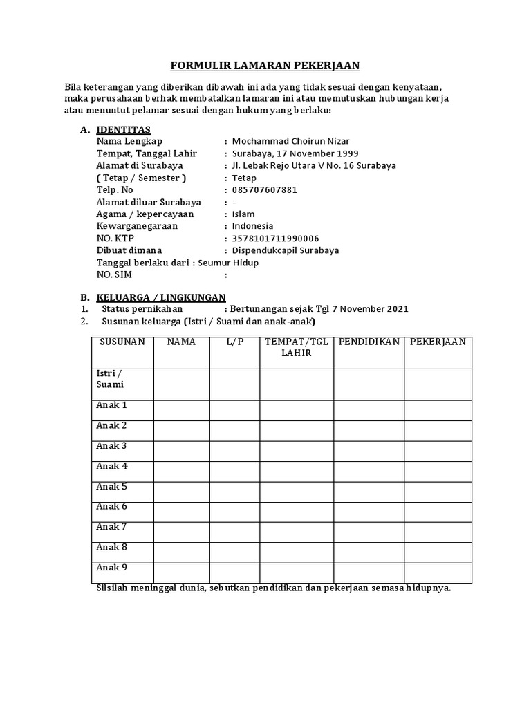 Form Lamaran Tes PT. Doran Sukses Indonesia | PDF