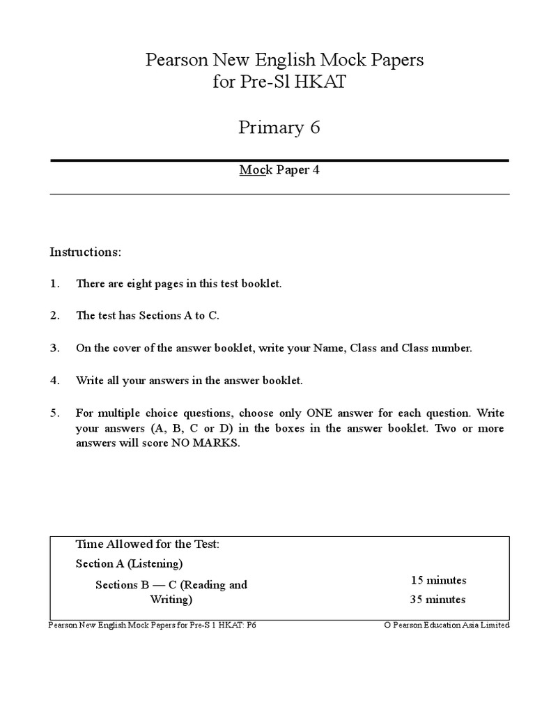 J.6WSL - Pearson Pre-S1 HKAT - Mock Paper 4 - Question Book+Answer Book ...