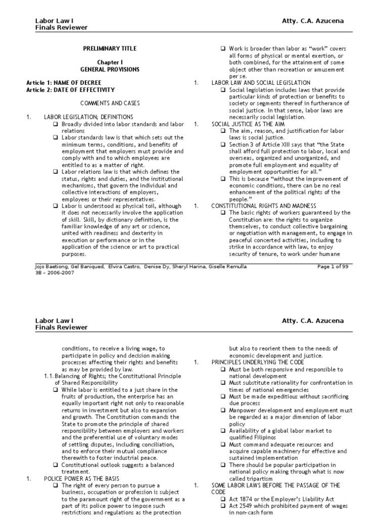Labor-Law 1 Reviewer - Azucena | PDF | Employment | International ...