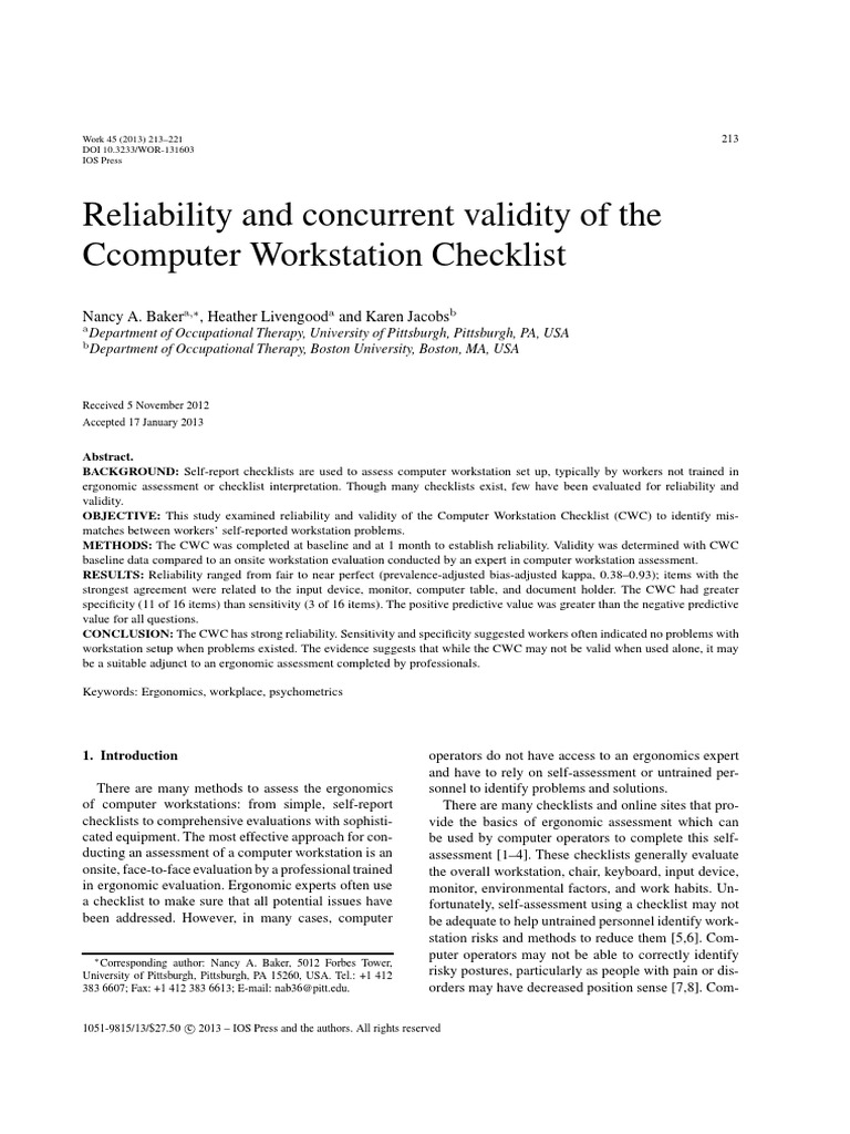 Reliability and Concurrent Validity of The Computer Workstation ...