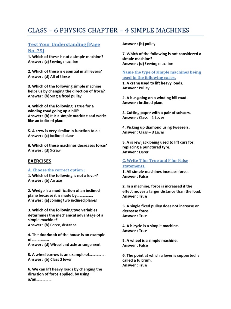 Class - 6 Physics Chapter - 4 Simple Machines: Test Your Understanding ...