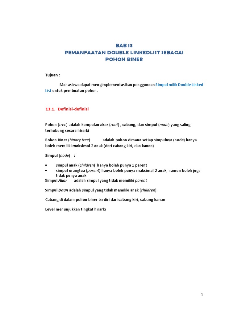 Implementing a Binary Tree Using a Double Linked List | PDF