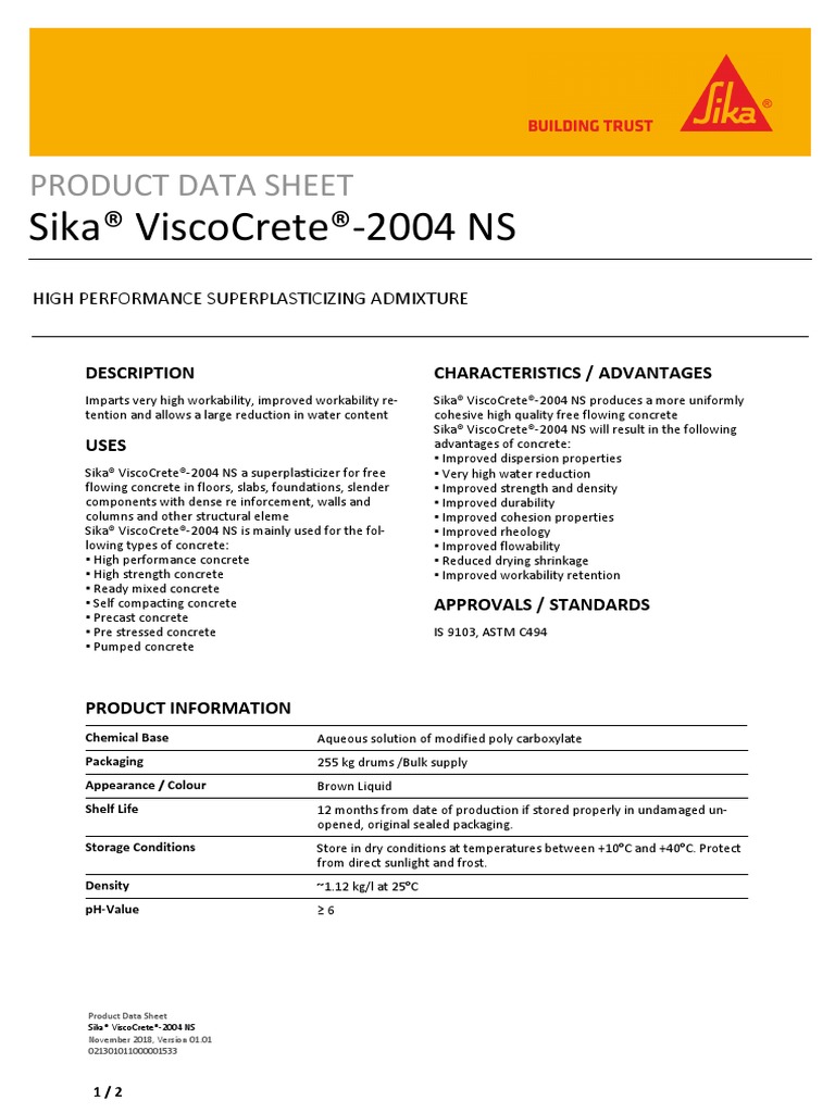 Sika® Viscocrete®-2004 NS: Product Data Sheet | PDF | Concrete | Materials