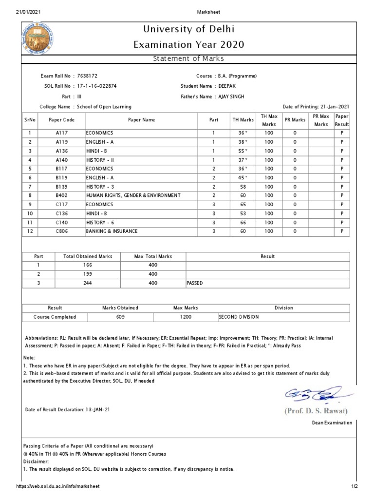 Analysis of Deepak's Third Year Marksheet from the University of Delhi | PDF | Educational ...
