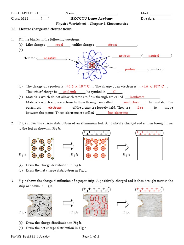 Electrostatics Worksheet Answers | PDF | Electric Charge | Electron