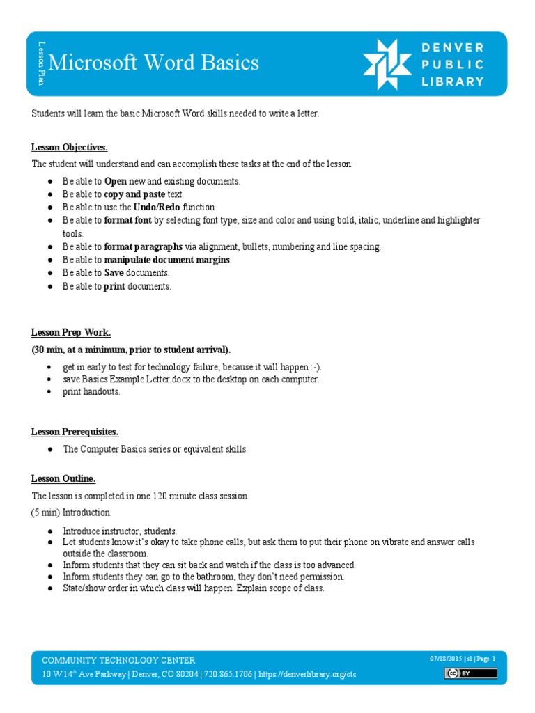 Microsoft Word - Basics Lesson Plan | PDF