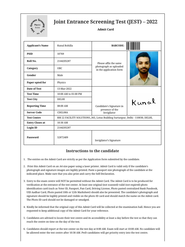 JEST Admit Card | PDF | Identity Document | Test (Assessment)