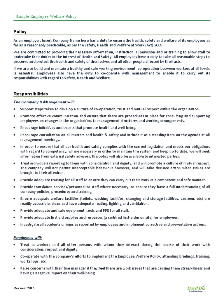 Sample Employee Welfare Policy | PDF | Occupational Safety And Health ...