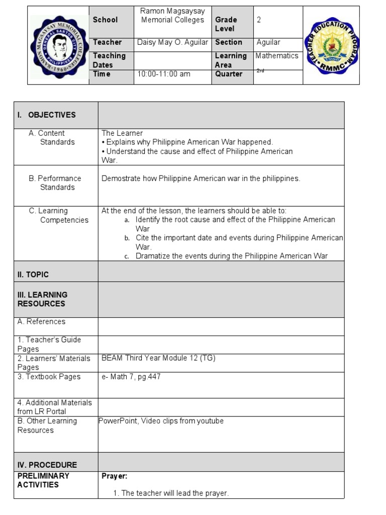 Semi-Detailed-aguilar Daisy - Lp-Philippine American War | PDF ...