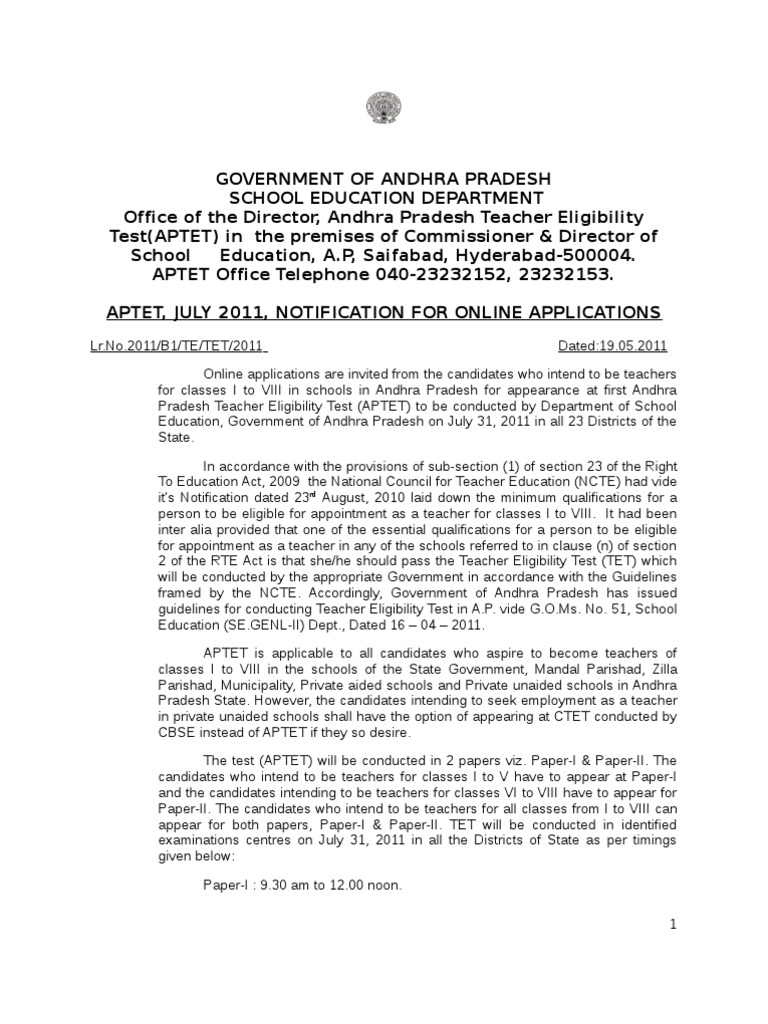 APTET Notification | PDF | Bachelor's Degree | Educational Assessment ...