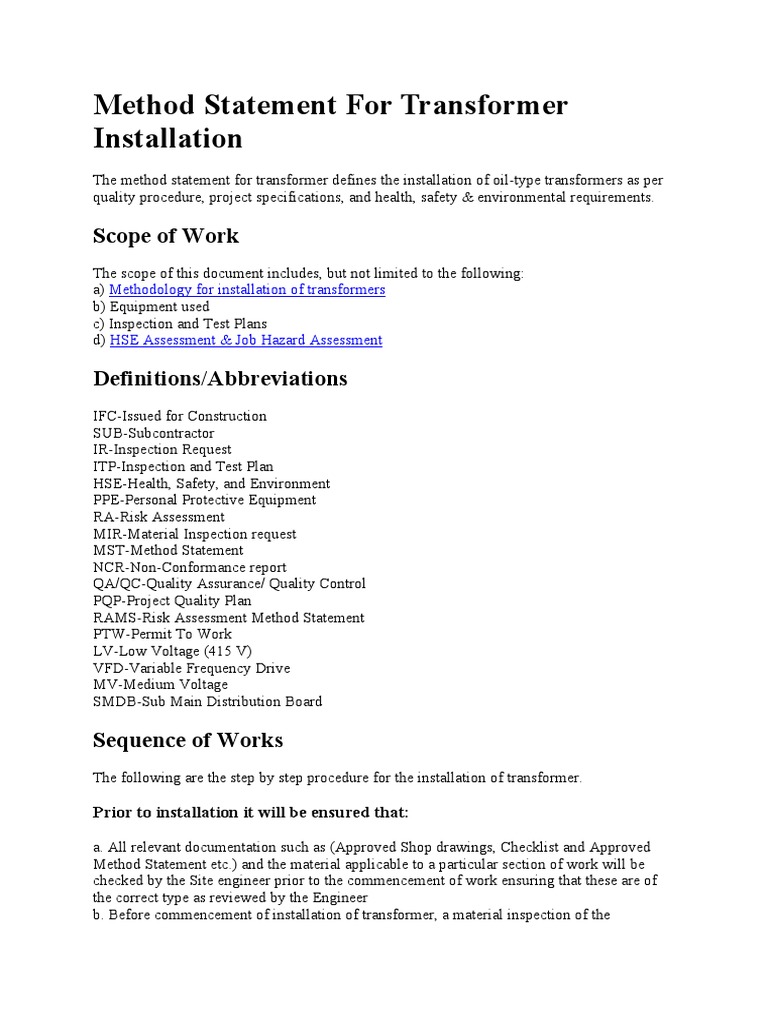 Transformer Method Statement | PDF | Quality Assurance | Personal ...