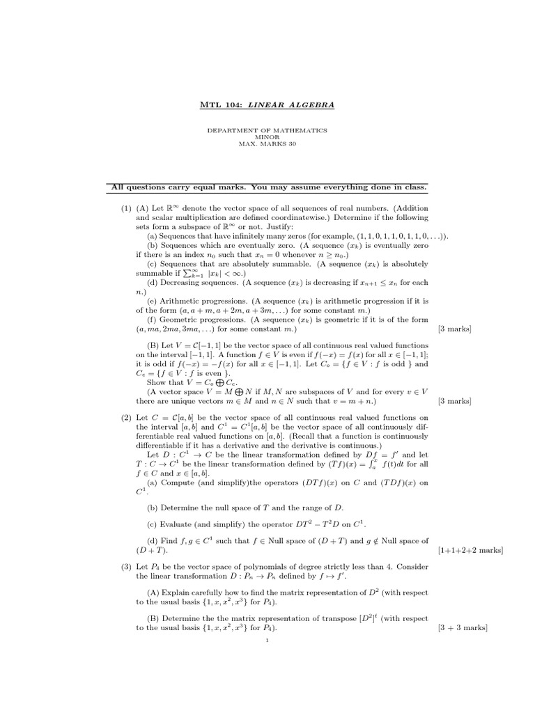 MTL 104: Linear Algebra: Department of Mathematics Minor Max. Marks 30 ...