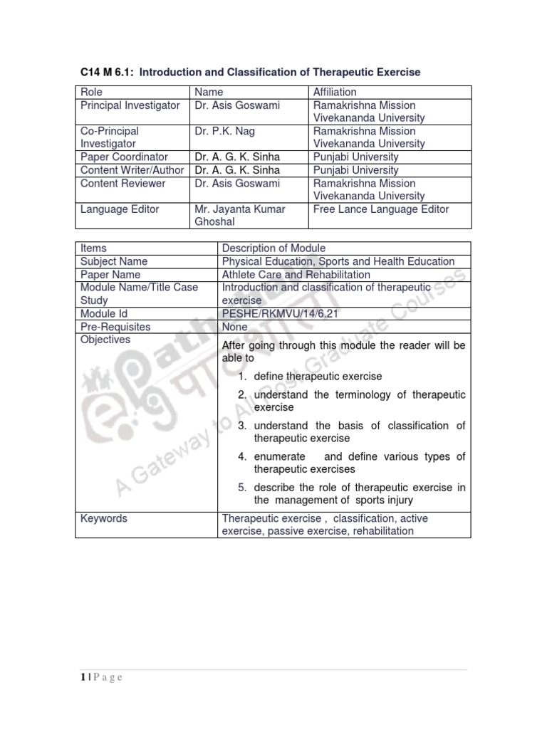 Therapeutic Exercise: Definition & Classification | PDF