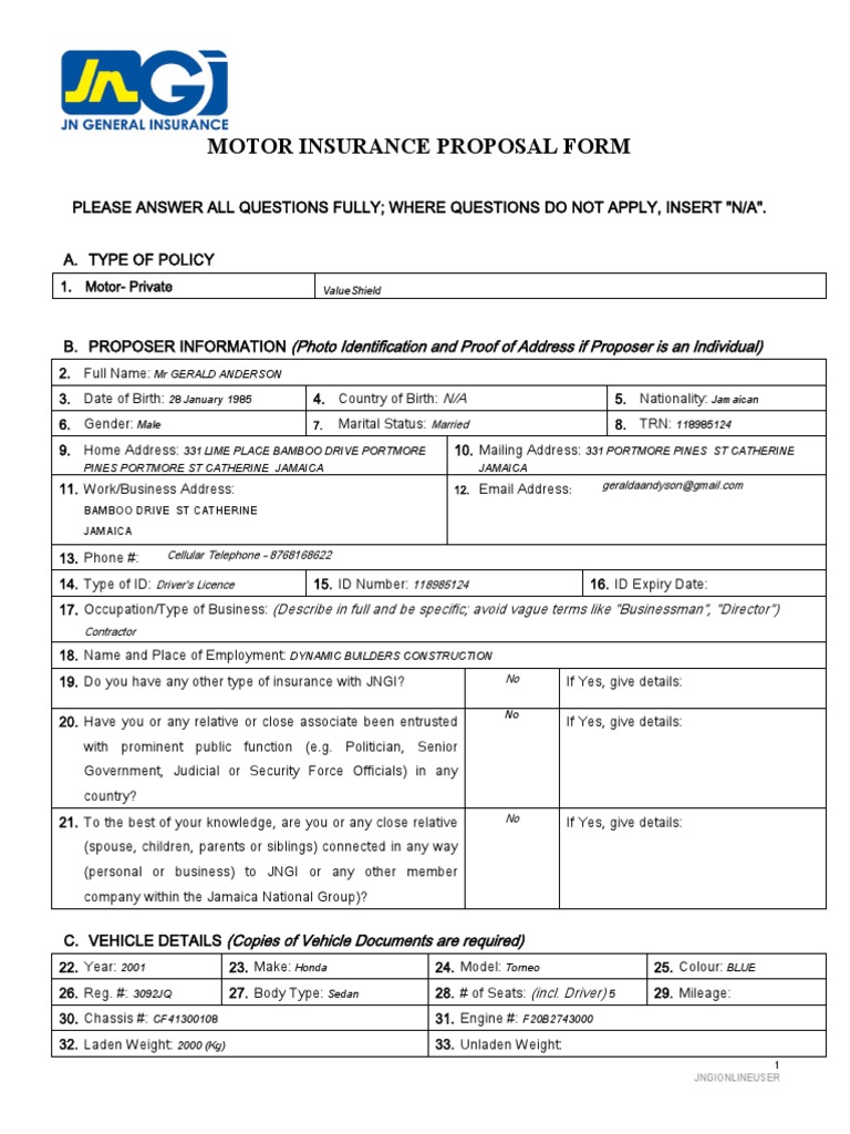 Motor Insurance Proposal Form: (Photo Identification and Proof of ...