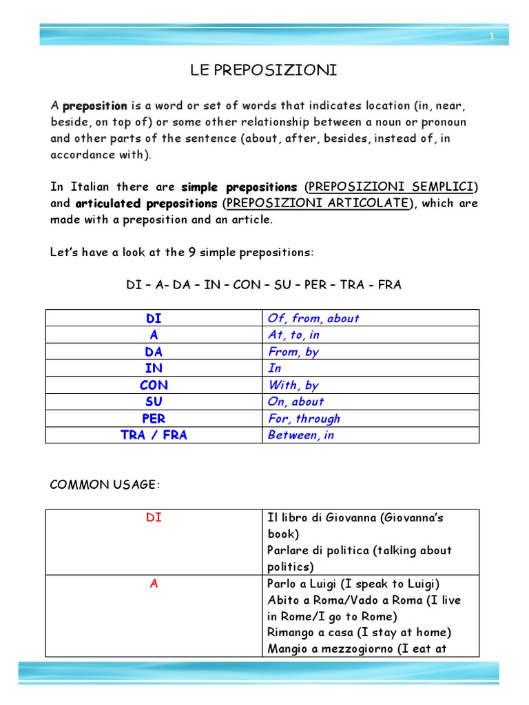 Cheat Sheet Italian Prepositions | PDF