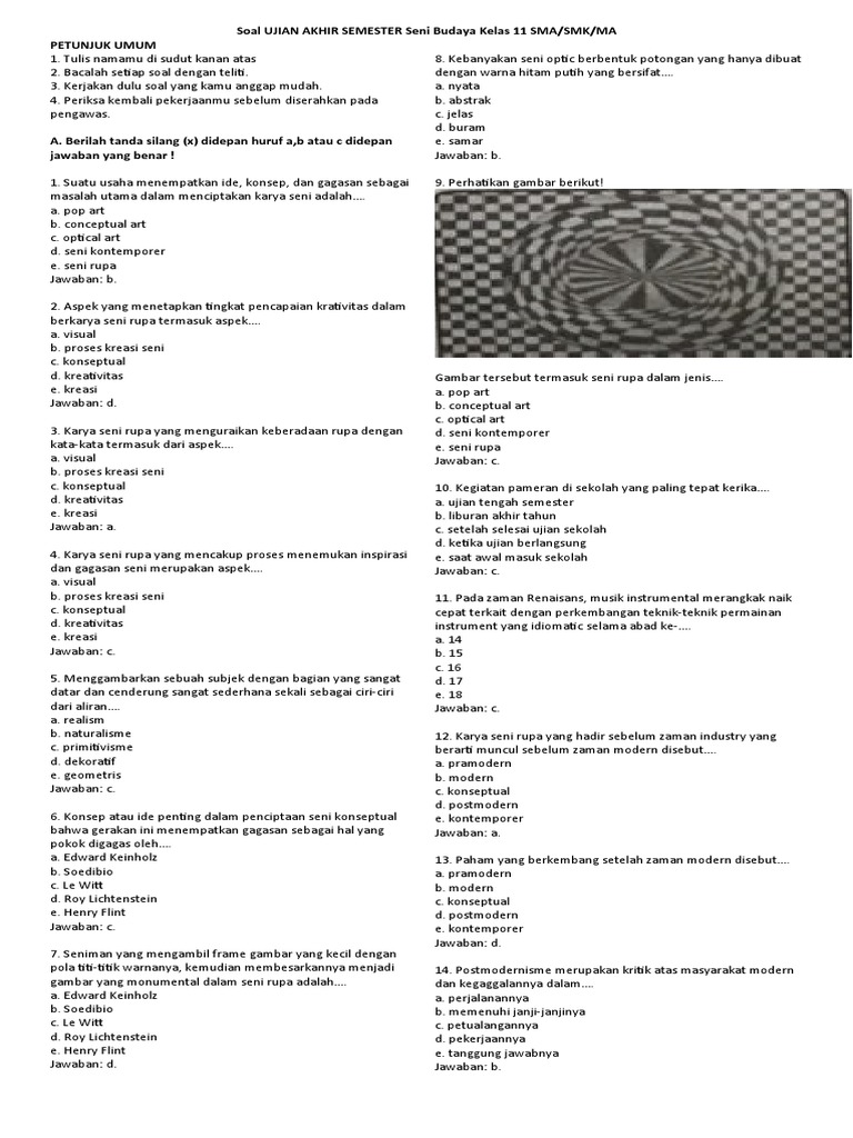 Contoh Soal PAS Seni Budaya Kelas 11 SMA MA Semester Genap Terbaru | PDF