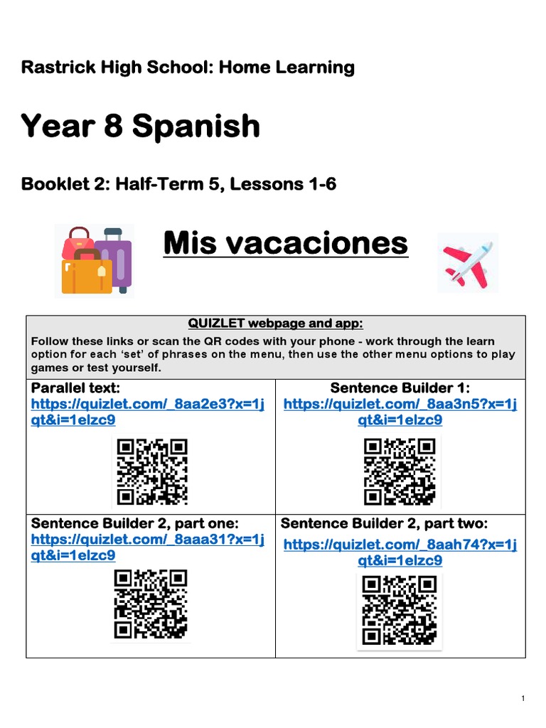 Spanish Home Learning Booklet Yr 8 | PDF