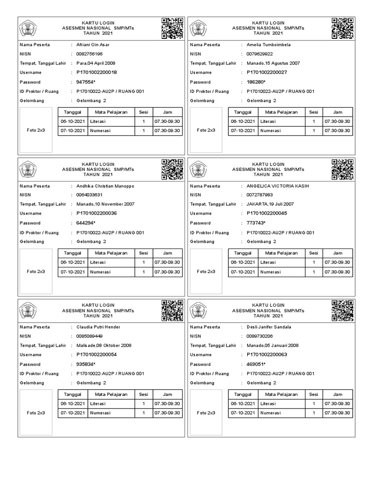 Contoh Kartu Login Ujian Jenjang SMP | PDF