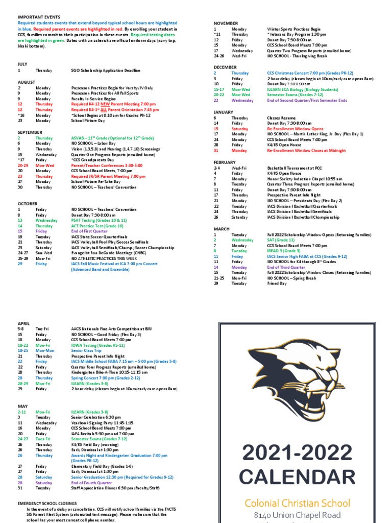 CCS 2021-2022 School Calendar | PDF | Academic Term