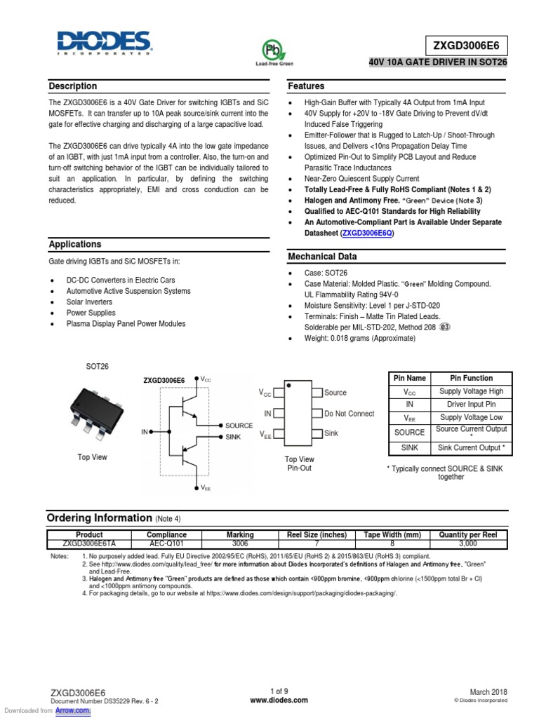 ZXGD3006E6: 40V 10A Gate Driver in Sot26 Description Features | PDF ...