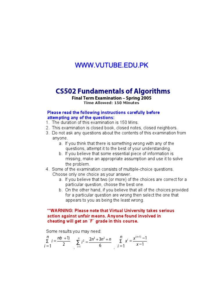 Fundamentals of Algorithms - CS502 Spring 2005 Final Term Paper | PDF | Recurrence Relation ...