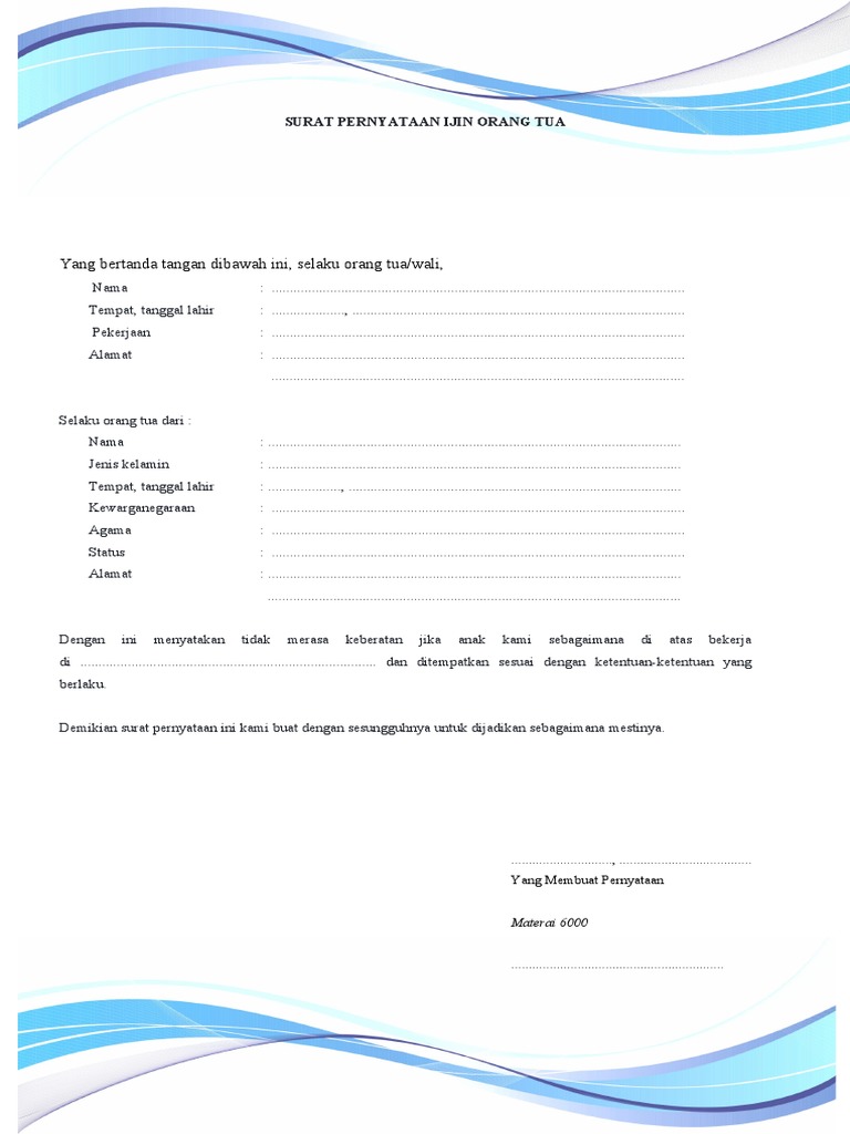 Surat Izin Orang Tua Untuk Bekerja | PDF