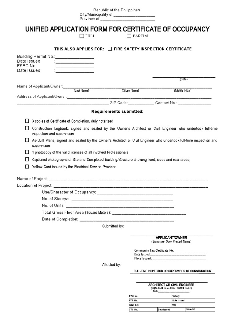 Unified Application Form For Certificate of Occupancy | PDF