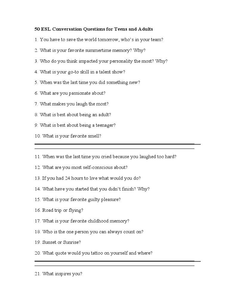 50 ESL Conversation Questions For Teens and Adults | PDF