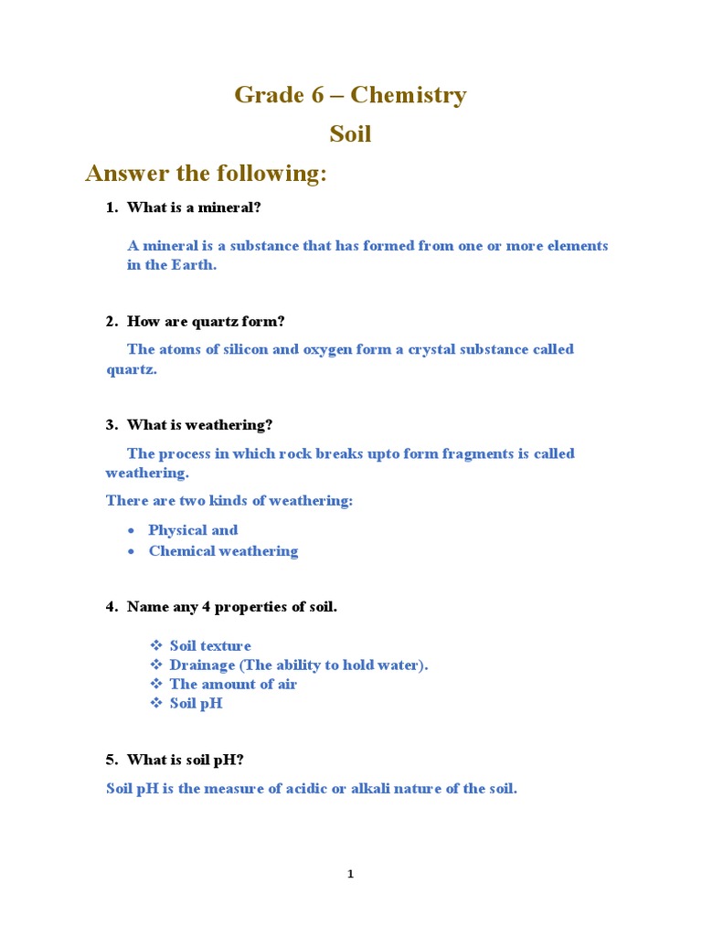 Grade 6 - Chemistry Soil Answer The Following:: 1. What Is A Mineral ...
