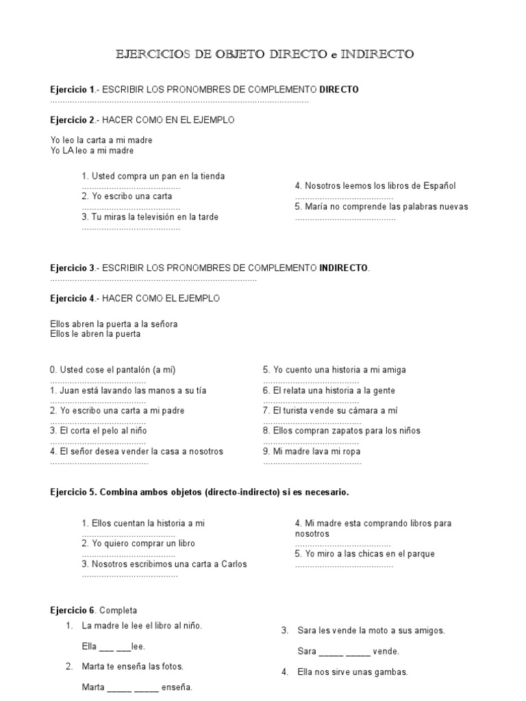 Ejercicios de Objeto Directo e Indirecto | PDF | Cocina, comidas y vino ...