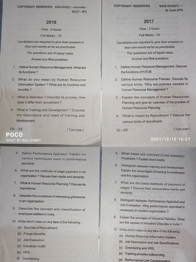 HRM SEM III (2016, 2017, 2019) Question Papers St. Xavier's College ...