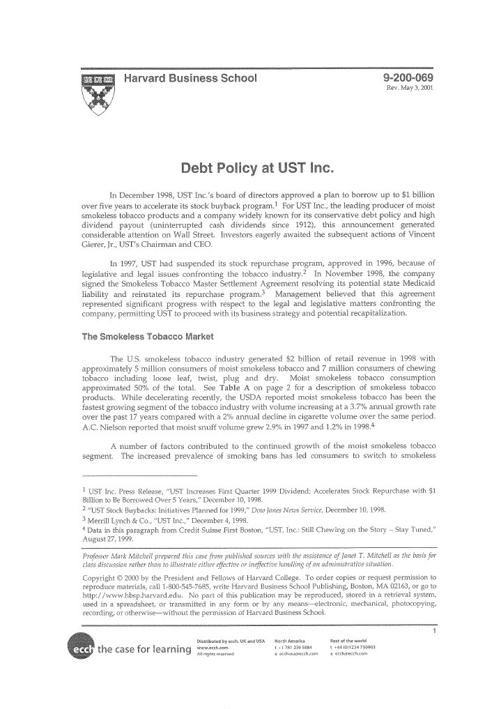 Debt Policy at UST Inc | PDF