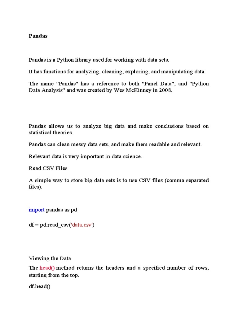 Pandas: Import | PDF | Comma Separated Values | Mean Pandas: Import | PDF | Comma Separated Values | Mean