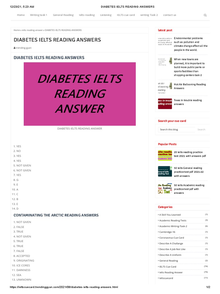 Diabetes Ielts Reading Answers | PDF | International English Language ...