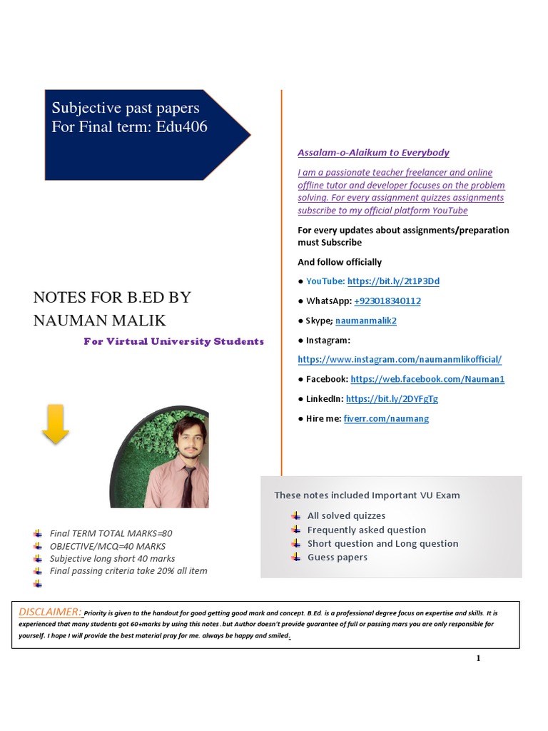 Subjective Past Papers For Final Term: Edu406: Notes For B.Ed by Nauman ...